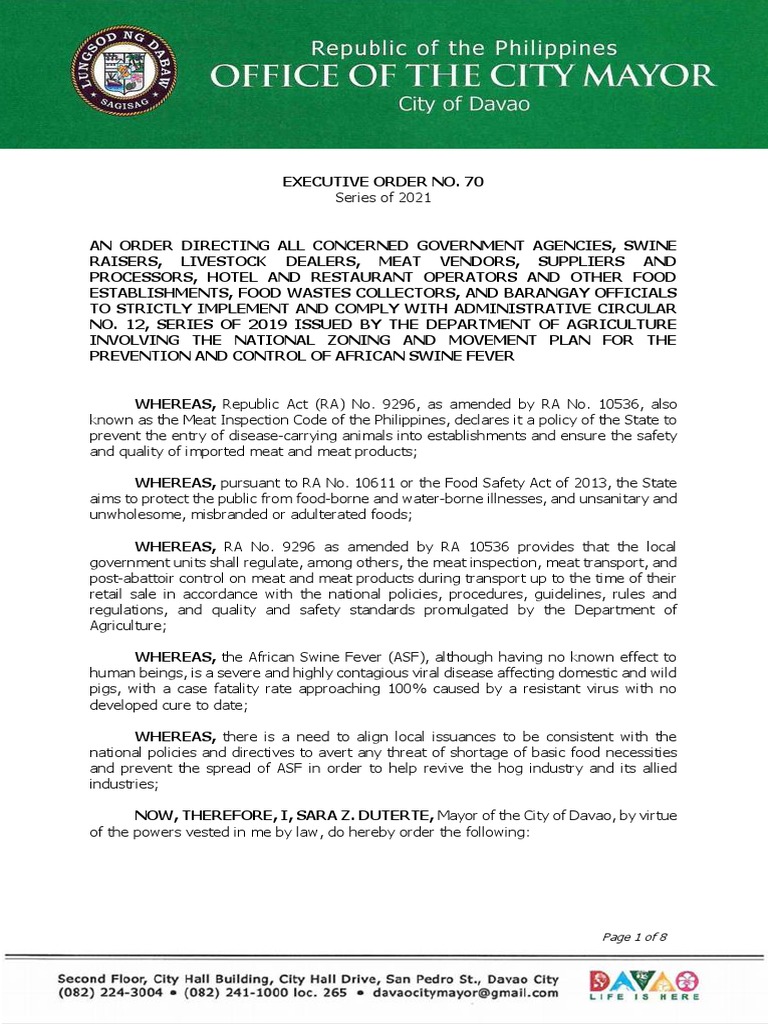 EO 70 s. 2021 - Movement of Pigs and Pork Products ASF-DS (1) | PDF ...