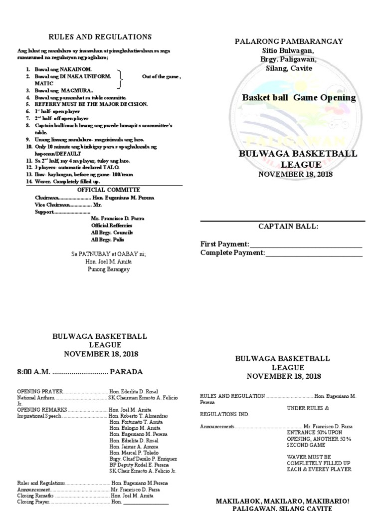 Basket Ball Game Opening: Rules and Regulations Palarong Pambarangay ...