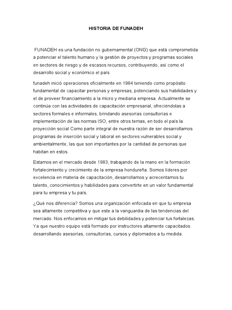 Historia y Evolución de FUNADEH | PDF | Honduras | Organización no ...