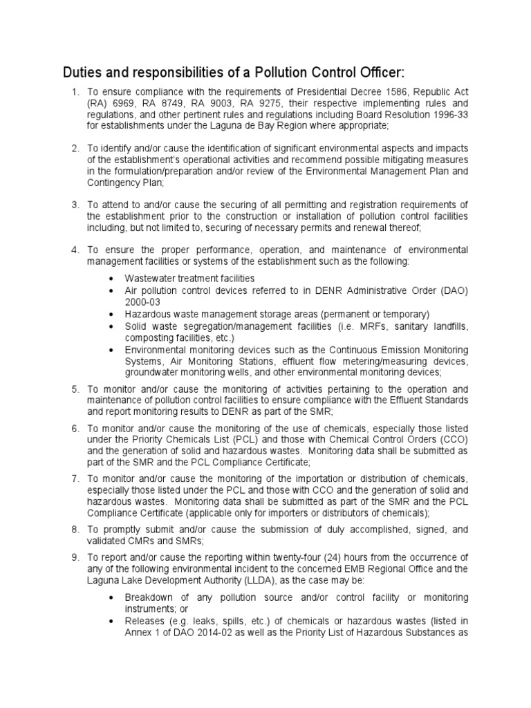 Duties and Responsibilities of A Pollution Control Officer | PDF ...