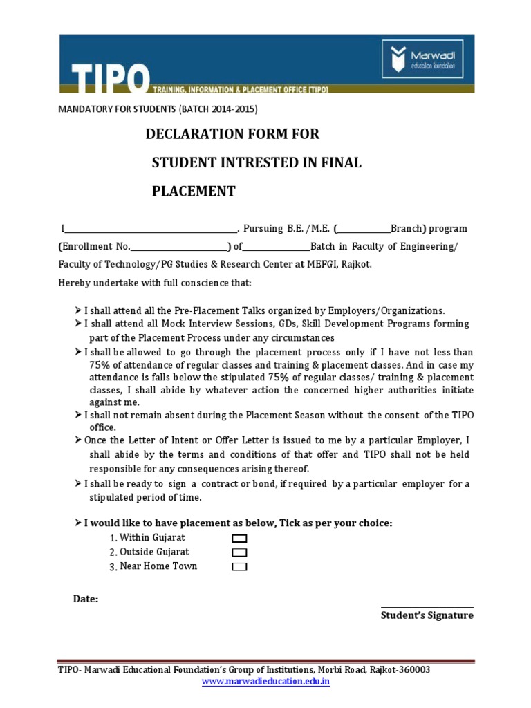 Declaration Form For Student Intrested in Final Placement: Mandatory ...
