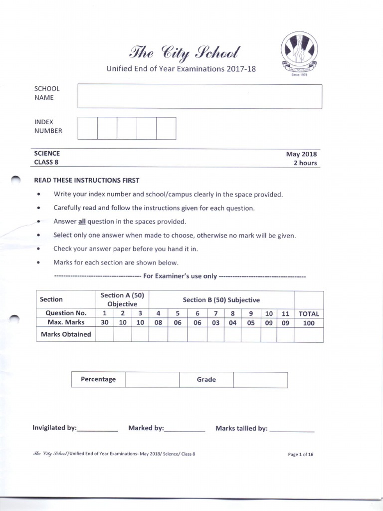 8 Science Past Paper 1 - 2nd Term | PDF