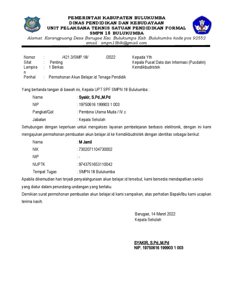 Surat Permohonan Akun Belajar Id | PDF Surat Permohonan Akun Belajar Id | PDF