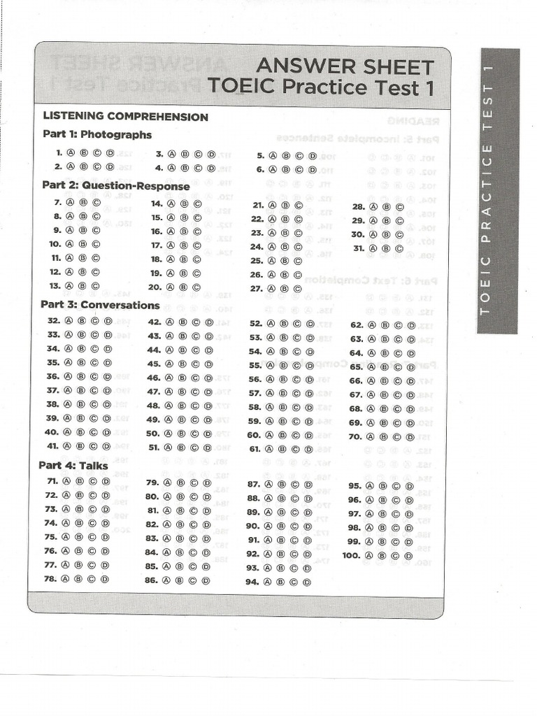 Practice Test 1 - Answer Sheet | PDF