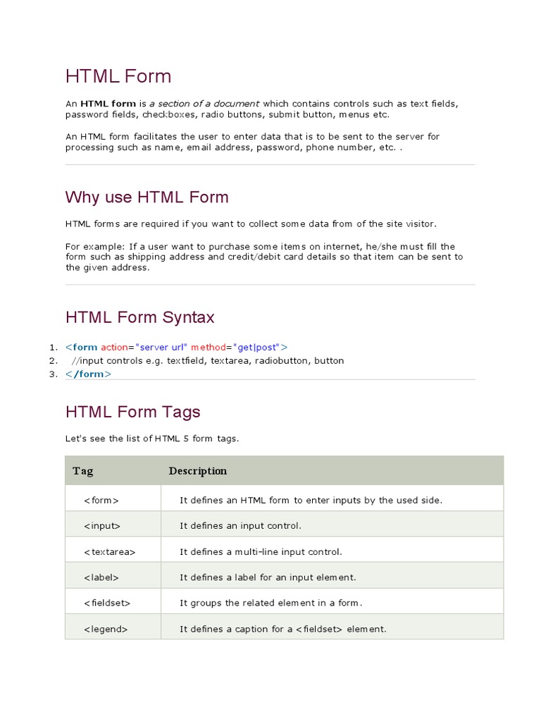 HTML Form, Font, All Tag List | PDF | Html Element | Html