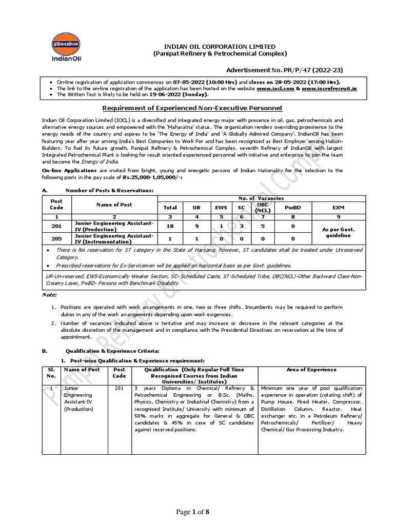 IOCL Panipat Refinery Petrochemical Complex Advt PR P 47 2022 23 | PDF