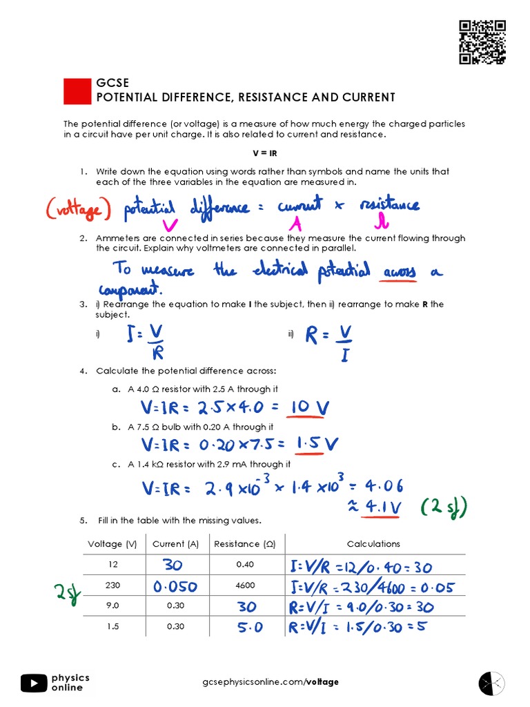AE.23072022.Potential Difference, Resistance and Current Answers | PDF ...
