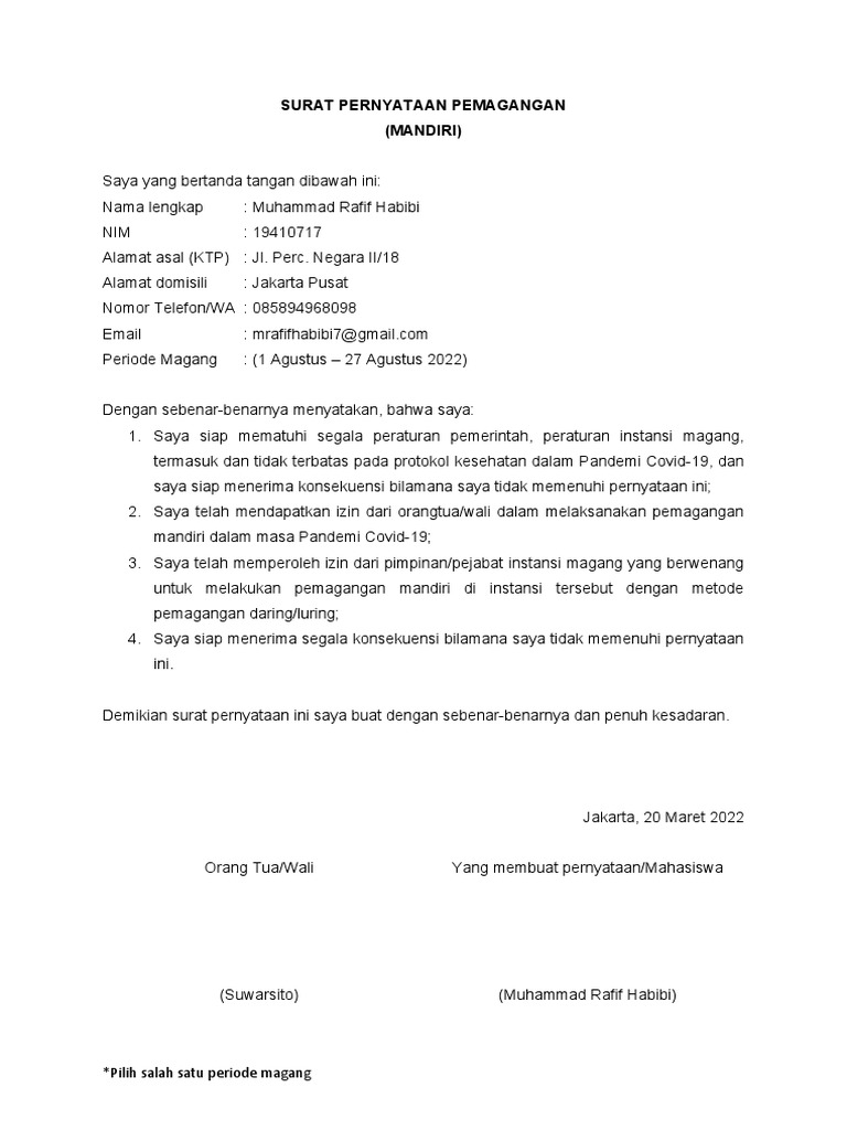 Surat Pernyataan Magang Mandiri | PDF