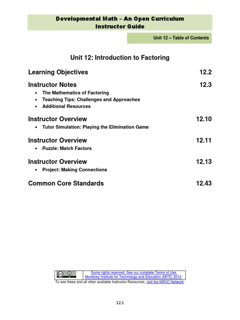 Unit 12: Introduction To Factoring Learning Objectives 12.2 Instructor ...