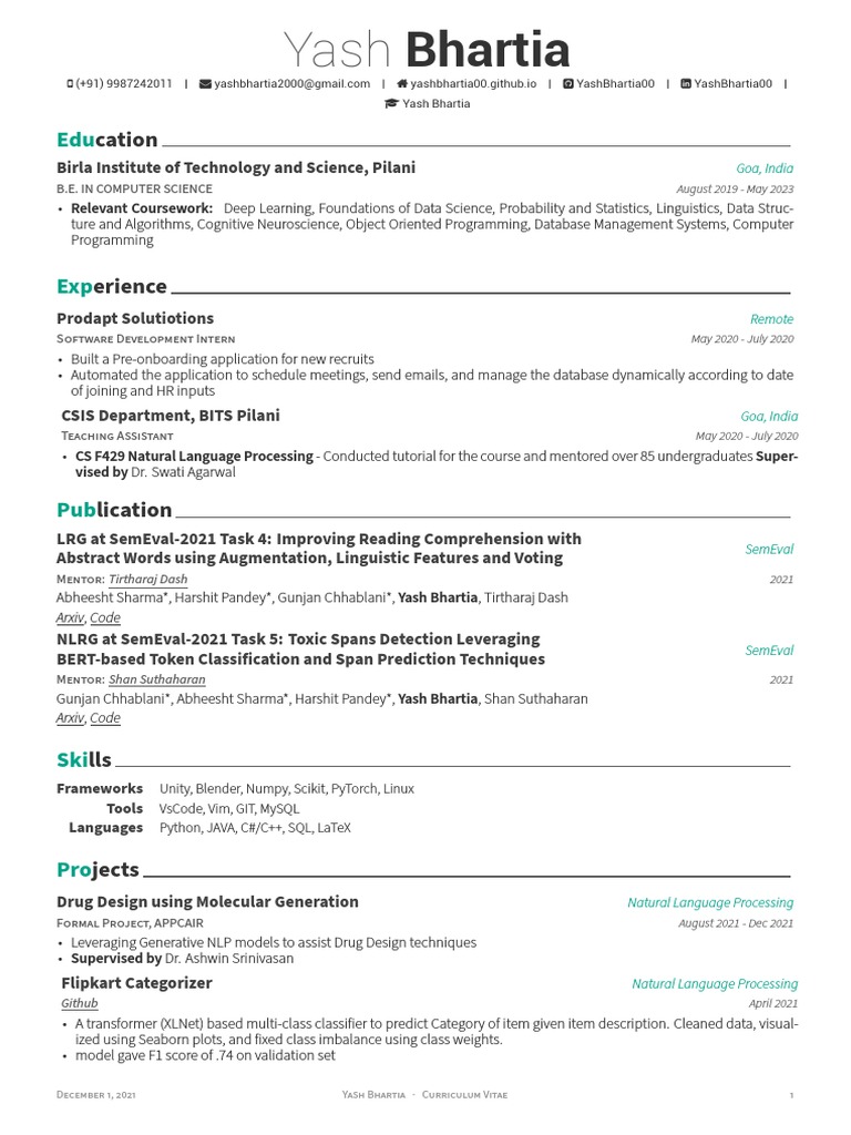 Yash Bhartia CV | PDF | Computer Programming | Databases