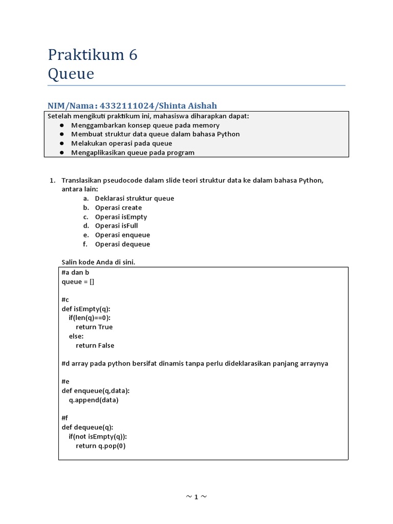 Praktikum 6 Queue: NIM/Nama: 4332111024/shinta Aishah | PDF | Metode & Bahan Ajar | Teknologi ...
