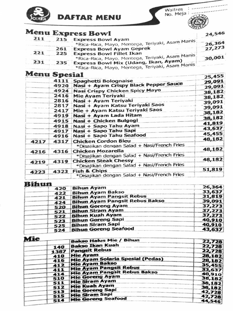 Daftar Menu Solaria | PDF