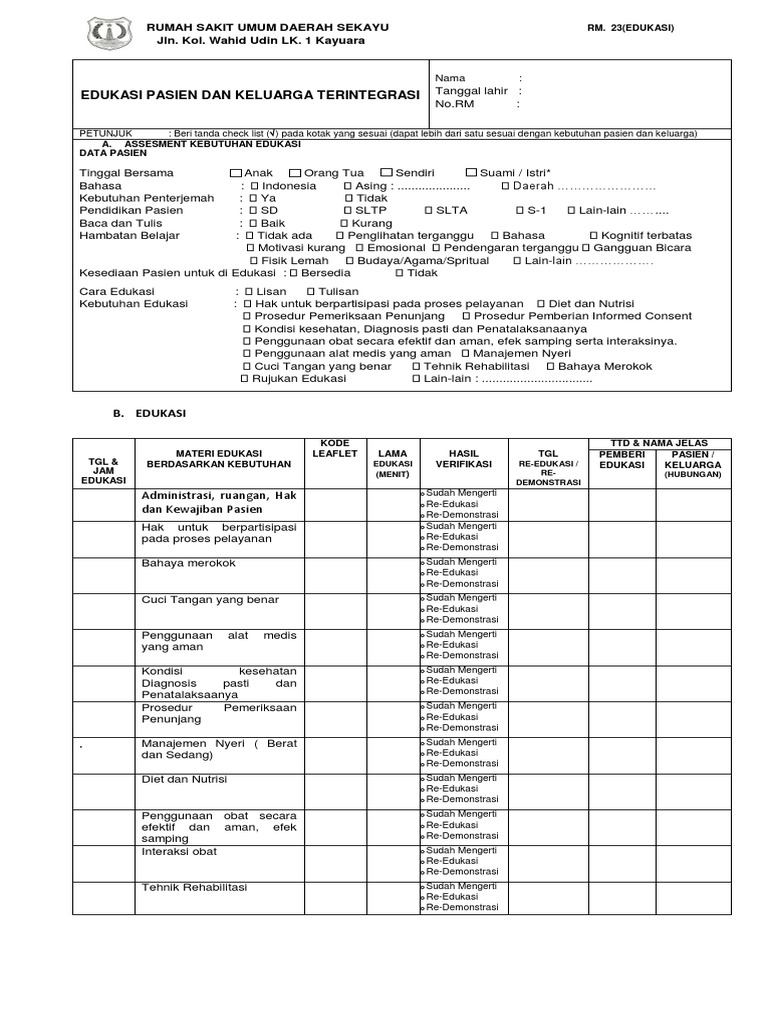 FORM EDUKASI Pasien Dan Keluarga | PDF