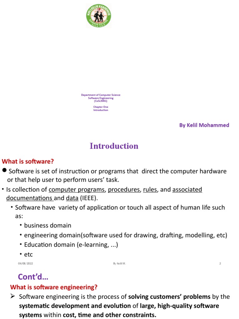 By Kelil Mohammed: Department of Computer Science Software Engineering (Cosc3061) Chapter One ...