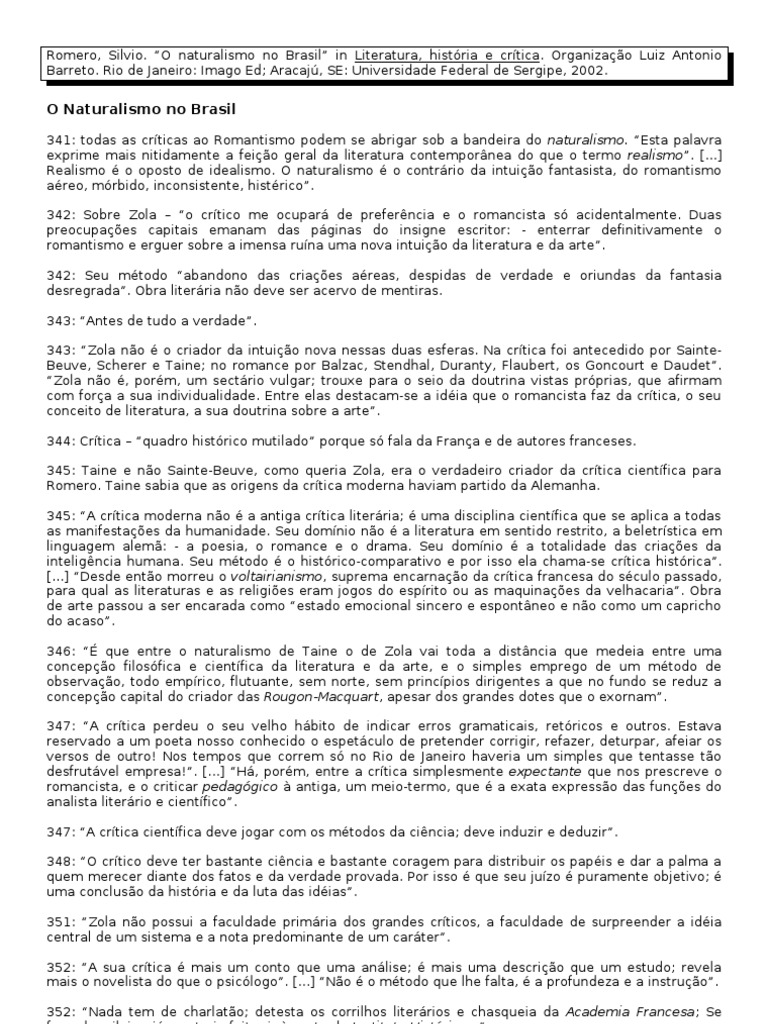 O Naturalismo No Brasil Romero 1882 | PDF | Émile Zola | Realismo (artes)