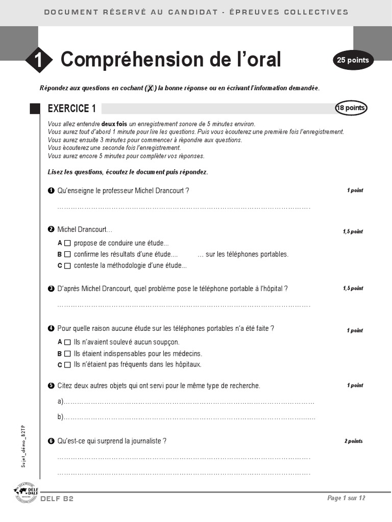 Exemple 2 Sujet Delf b2 TP Document Candidat Comprehension Ecrite Orale ...