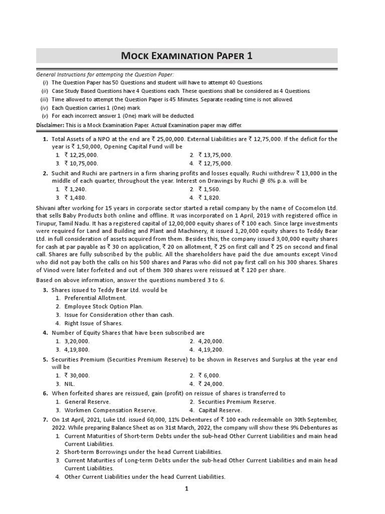 Mock Exam Paper: 40 Questions, 45 Min | PDF | Debits And Credits ...