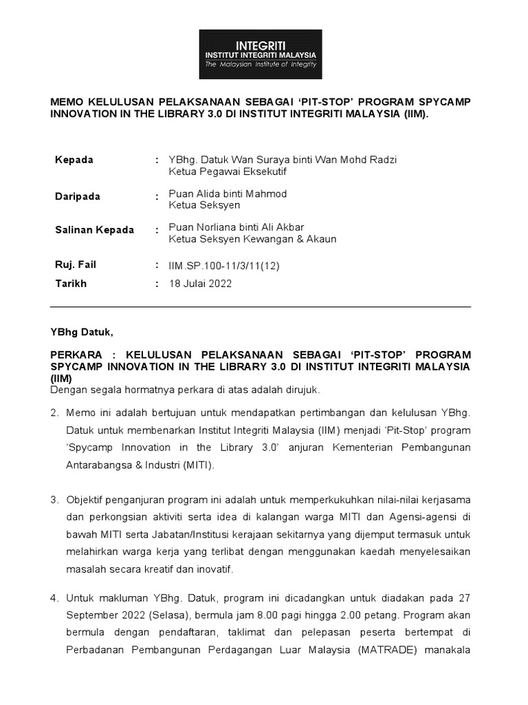 Memo Kelulusan - Spycam MITI IIM - 180722 | PDF | Bisnis | Pengelolaan ...