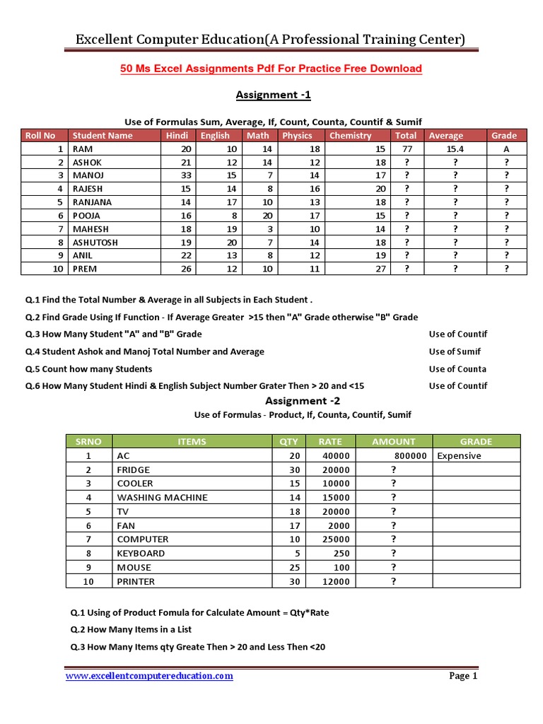 50 Ms Excel Assignments PDF For Practice | PDF | Fruit | Vegetables