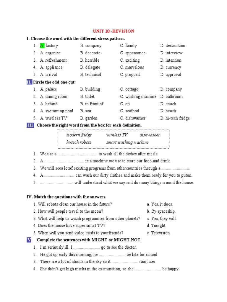 I. Choose The Word With The Different Stress Pattern.: Unit 10 - Revision | PDF | Games & Activities