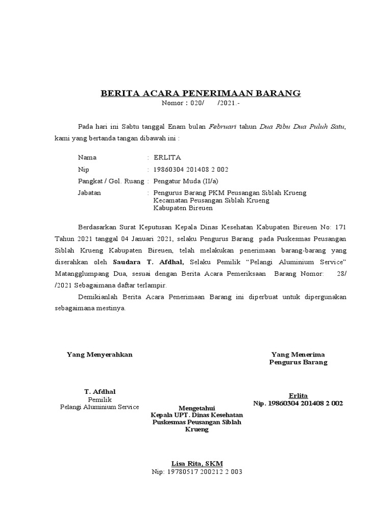 Berita Acara Penerimaan Barang Pdf