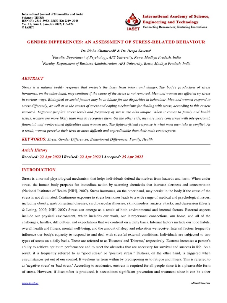 Reviewed - IJHSS - Gender Differences An Assessment of Stress-Related Behavior Updated | PDF ...