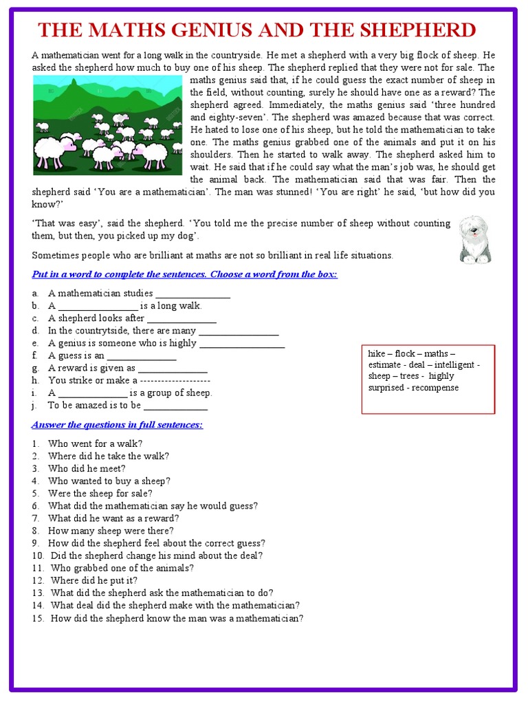 The Maths Genius and The Shepherd Reading Comprehension Exercises ...