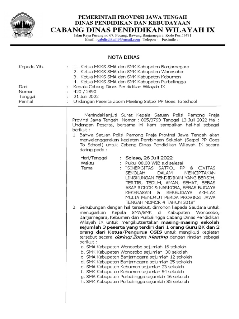 Nota Dinas Satpol PP Goes To School TH 2022 | PDF