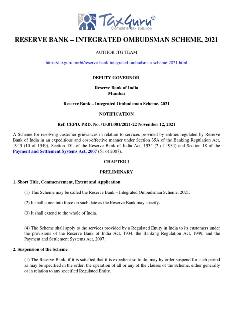 Reserve Bank – Integrated Ombudsman Scheme, 2021 - Taxguru - in | PDF ...