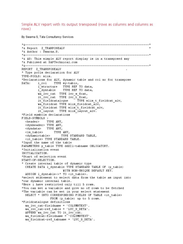 Simple ALV Report With Its Output Transposed | PDF | Database Index | Parameter (Computer ...