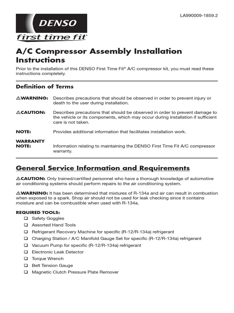 Denso AC Compressor 1859 Installation Instructions | PDF | Valve | Air ...