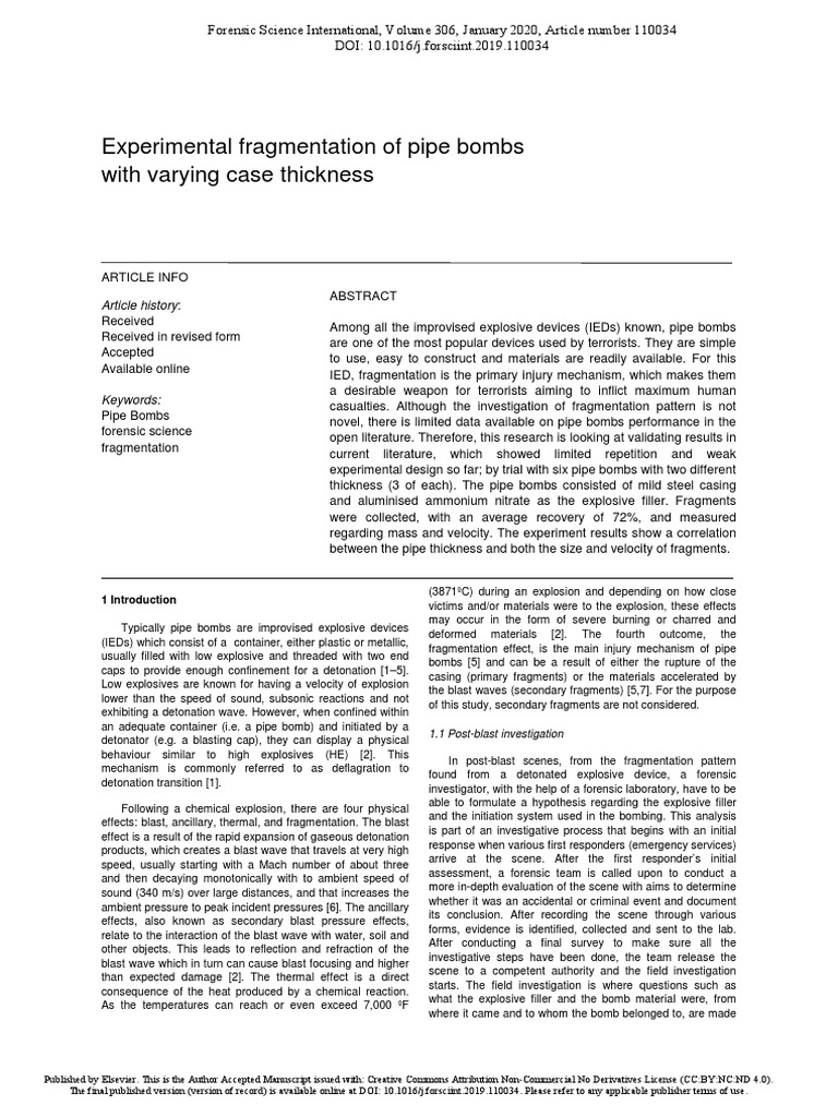 Experimental Fragmentation of Pipe Bombs With Varying Case Thickness ...