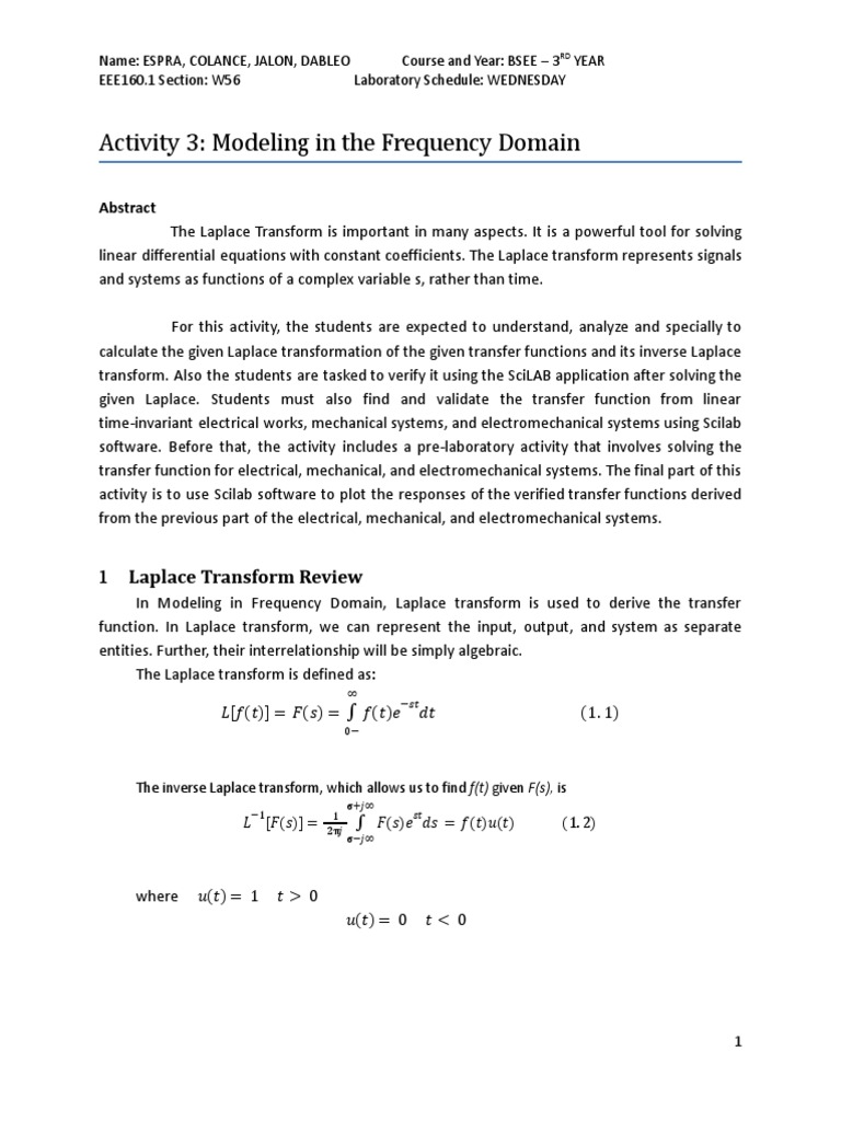 Modeling Systems in the Frequency Domain: A Study of Laplace Transforms and Transfer Functions ...
