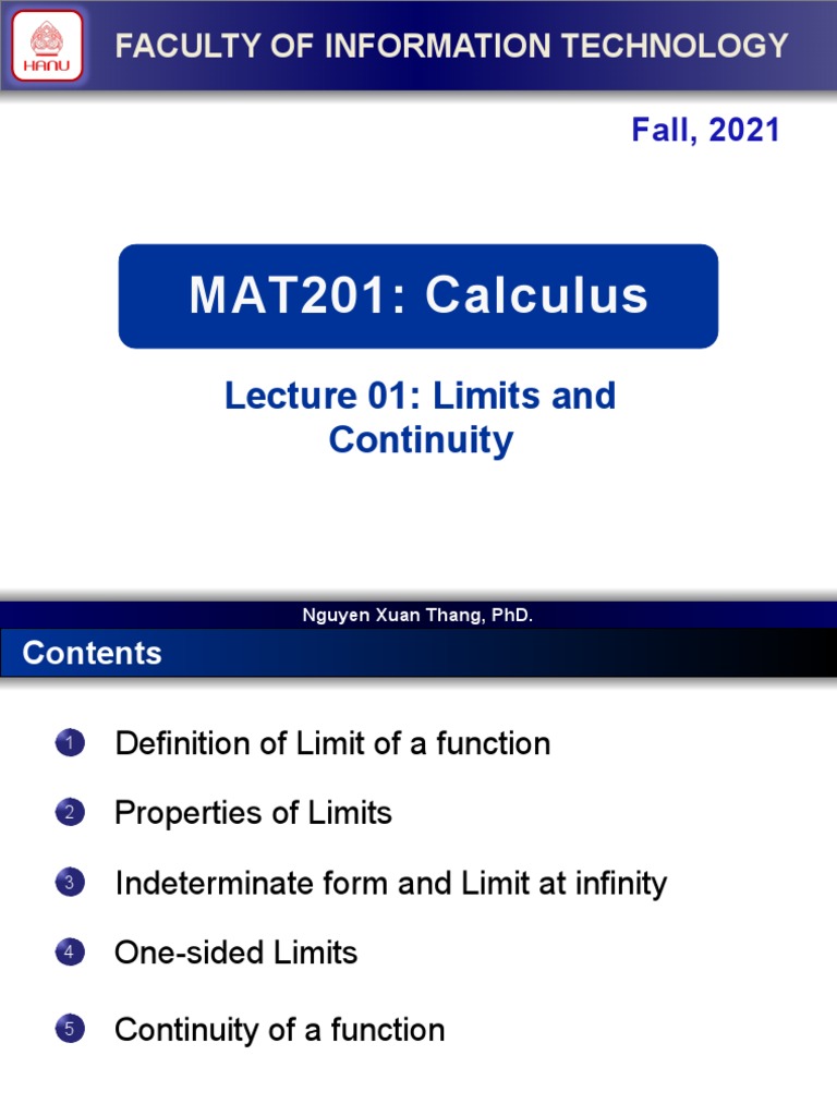 MAT201: Calculus: Lecture 01: Limits and Continuity | PDF | Function (Mathematics) | Continuous ...