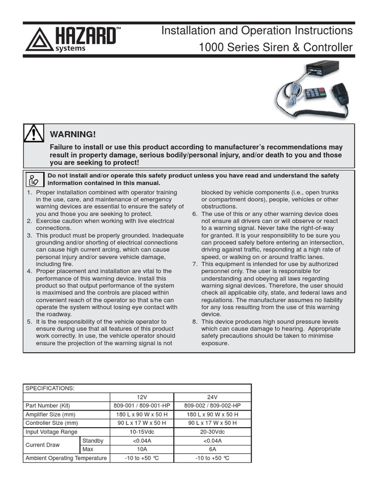 Installation and Operation Instructions 1000 Series Siren & Controller ...