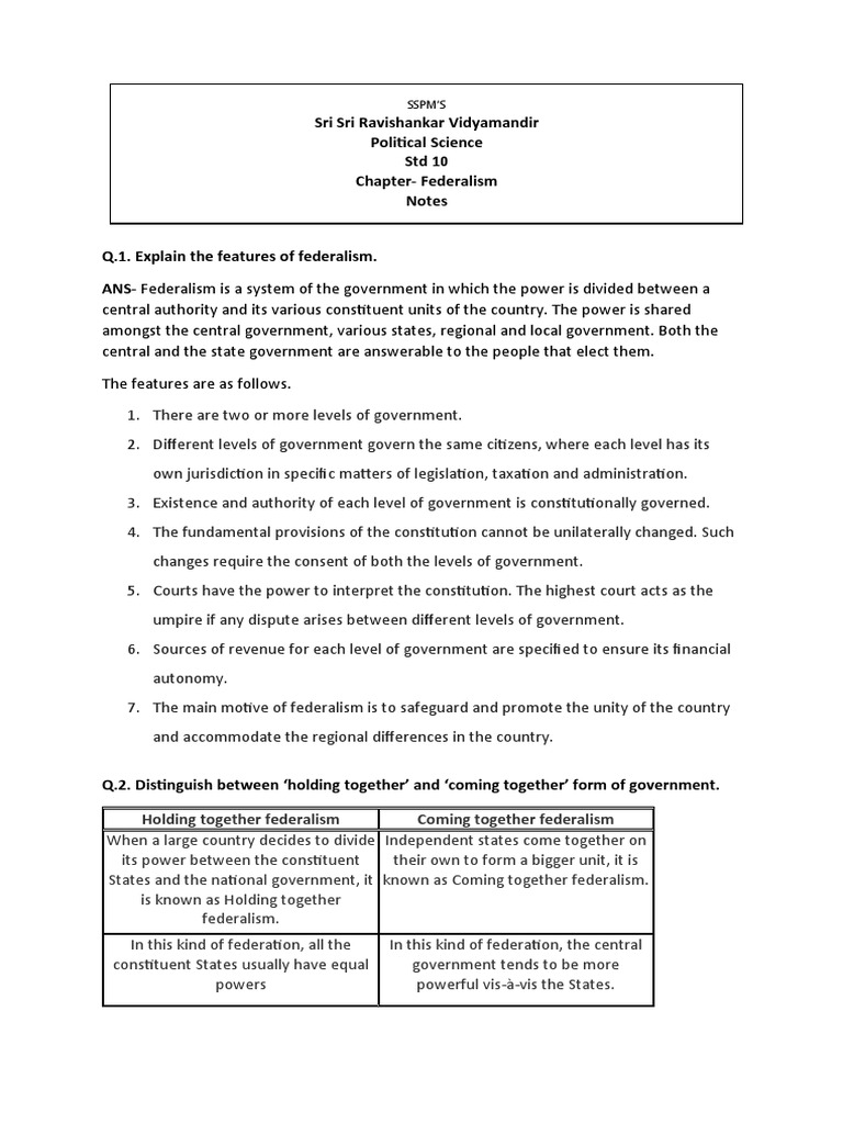 Federalism_Notes | PDF | Democracy | Political Ideologies