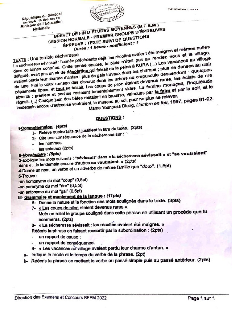 BFEM 2022 Épreuve de Texte Suivi de Questions, Sénégal | PDF
