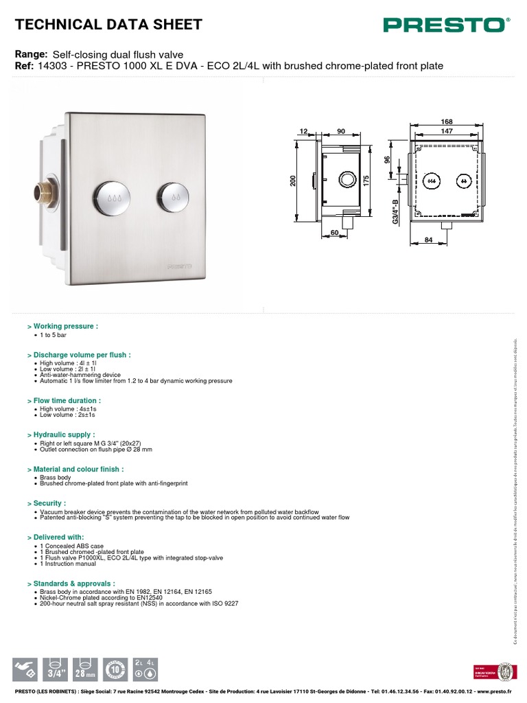 Self-Closing Dual Flush Valve 14303 - PRESTO 1000 XL E DVA - ECO 2L/4L ...
