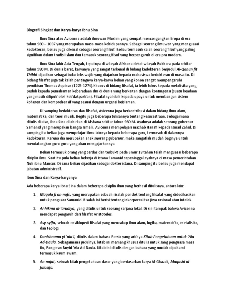 Biografi Singkat Dan Karya Ibnu Sina | PDF