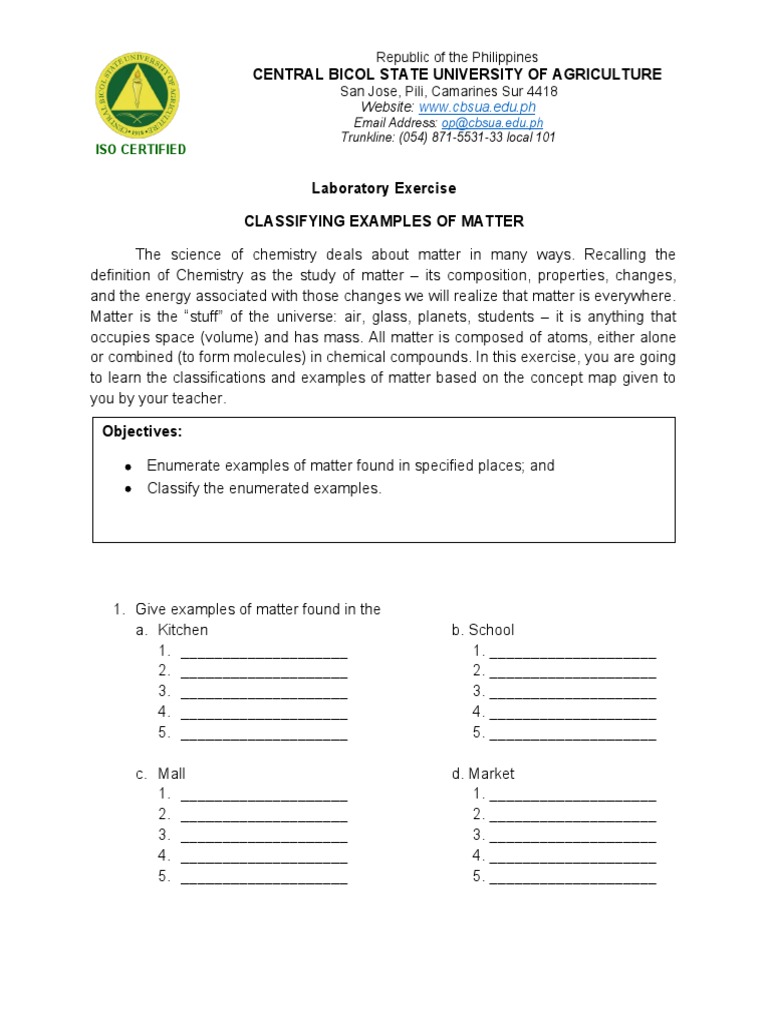 Laboratory Exercise Classifying Matter | PDF | Matter | Chemistry