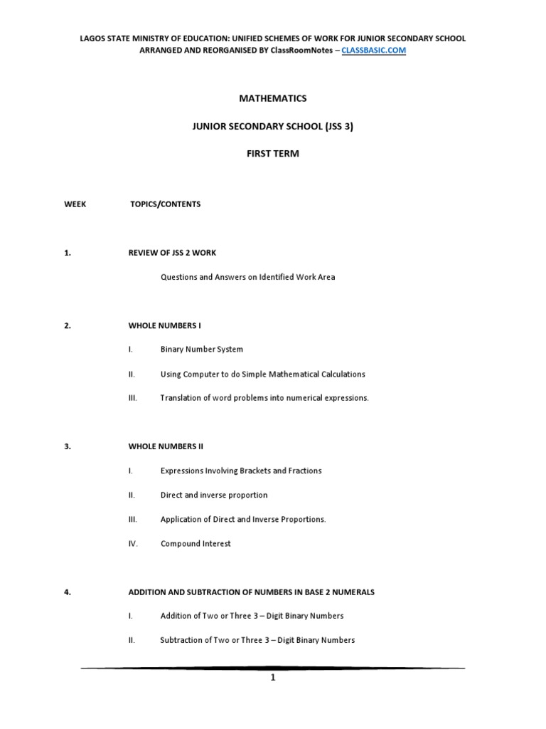 Mathematics Junior Secondary School (Jss 3) First Term | PDF | Area ...
