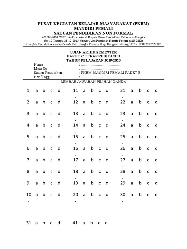 Pilihan Ganda Lembar Jawaban | PDF | Metode & Bahan Ajar