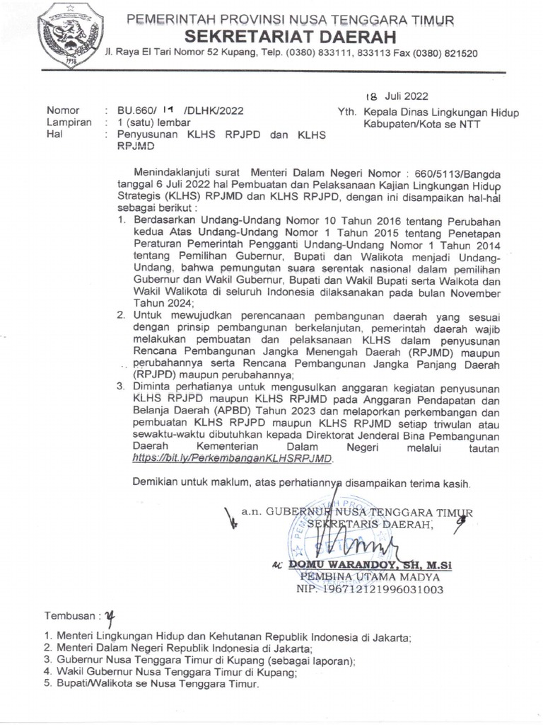Surat Penyusunan KLHS RPJPD Dan RPJMD | PDF