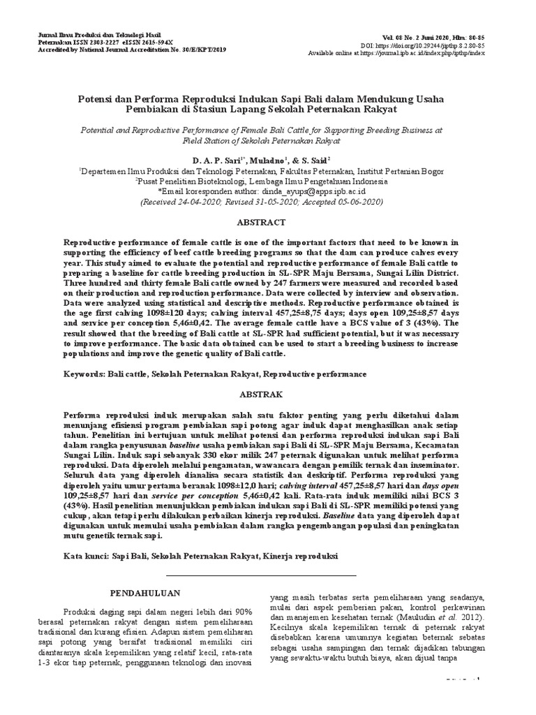 Reproductive Performance and Potential of Female Bali Cattle at the Field Station of Sekolah ...