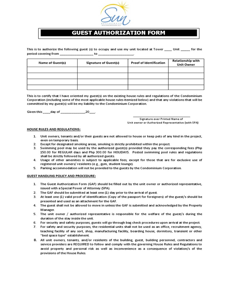 Guest Authorization Form Guidelines | PDF | Condominium | Identity Document