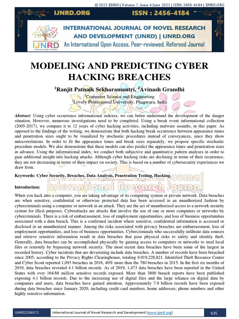 Modeling and Predicting Cyber Hacking Breaches: Ranjit Patnaik Sekharamantri, Avinash Grandhi ...