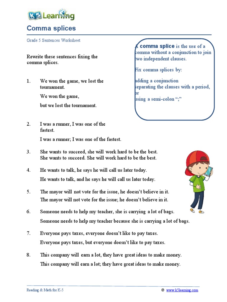 Comma Splices: Grade 5 Sentences Worksheet | PDF