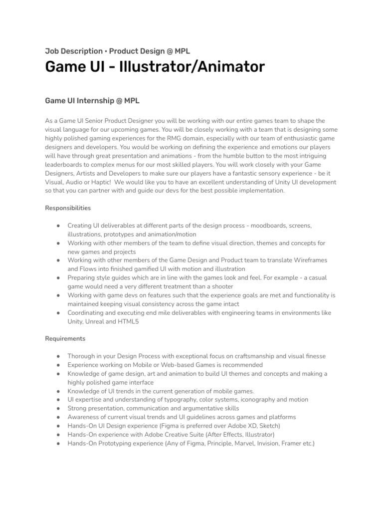 Game UI - Illustrator/Animator: Job Description - Product Design at MPL ...