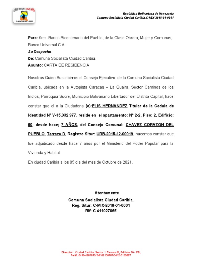 Carta de Residencia y Aval Ciudad Caribia | PDF