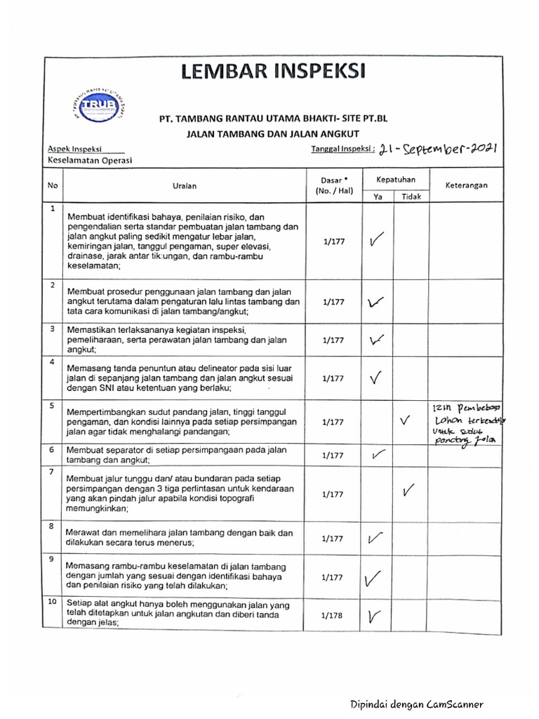 Form Inspeksi Jalan Tambang | PDF